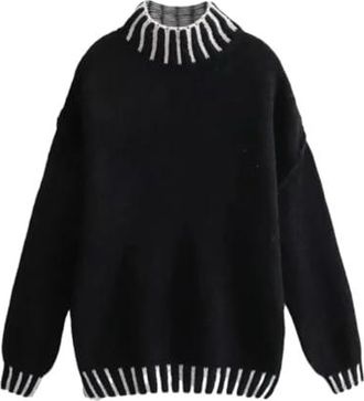 Generic Pull tricot&eacute; de couleur contrast&eacute;e pour femme &agrave; manches longues pull &agrave; col roul&eacute; hauts amples, Hei, S