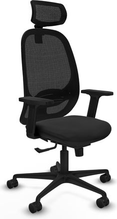 Piqueras y Crespo Schwarzer Drehstuhl mit 2D-Armlehnen, h&ouml;henverstellbare Lendenwirbelst&uuml;tze und h&ouml;henverstellbares Kopfteil, Schwarz / Schwarz