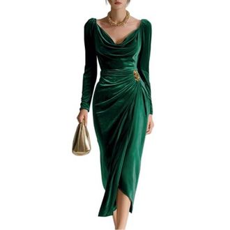 Generic Robe en velours pour femme avec col b&eacute;nitier - Manches longues - &Eacute;l&eacute;gante robe fronc&eacute;e moulante pour cocktail, f&ecirc;te dautomne, Vert, XXL