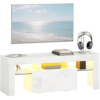 HOMCOM Meuble TV - HOMCOM - &eacute;clairage LED RGB, haute brillance, &eacute;tag&egrave;res en verre tremp&eacute;, placard rabattable - MDF - 120x34x45cm - blanc
