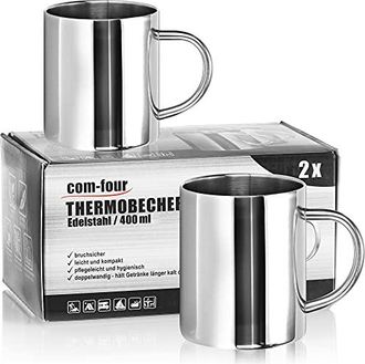 Com-Four 2x mugs isothermes en acier inoxydable - 400 ml chacun - mug isotherme à double paroi - mug à café incassable - mug isotherme - mug de camping - tasse