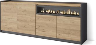 Skraut Home | Sideboard, Highboard | Kommode, Komodenschrank | 207x80x37 cm | 4 Türen | Elektrokamin. | Moderner Stil | Eiche Schwarz