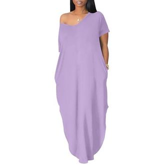 Generic Robe de vacances &agrave; &eacute;paules d&eacute;nud&eacute;es pour femme, grande taille, robe longue &agrave; manches courtes, coupe ample, d&eacute;contract&eacute;e avec poches lat&eacute;rales, robe tu