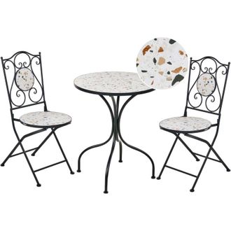 Beliani Ensemble de Bistro Vintage en M&eacute;tal Meuble dExt&eacute;rieur avec Plateau Effet Terrazzo Table et Chaises Noir Artena