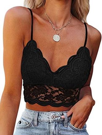Heekpek Debardeur Femme Et&eacute; en Dentelle Sexy Col en V Haut Chic Bralettes Bretelles Spaghetti Haut Court Crop Top, Noir, Taille M