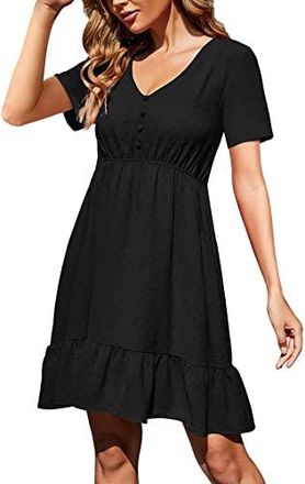 Generic Robes amincissantes d&eacute;t&eacute; pour femmes, mode d&eacute;contract&eacute;e, col en V, boutons solides, corset en mousseline de soie, robe &agrave; manches courtes, Noir, M