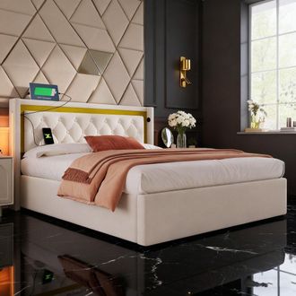 Generic Polsterbett 140x200 cm mit LED & USB-C Ladefunktion - Baumwolle mit Stauraum & Lattenrost - Doppelbett inkl. Matratze