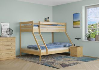 Erst-Holz Doppel-Etagenbett 140x200 und 90x200 Erwachsenen-Stockbett Kiefer Massivholz Natur 60.19-09-14