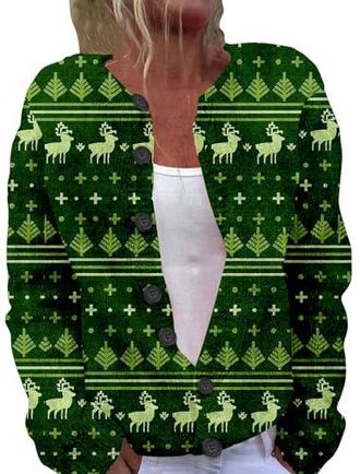 Generic Cardigan rétro en tricot imprimé de Noël pour femme, manches longues, style décontracté, motif renne de Noël, coupe ample, confortable, boutonné, haut