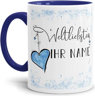 Tassendruck Tasse mit Spruch für den Weltliebsten -Name- Personalisierbar/Individuell/Familie/Geschenk-Idee/Innen & Henkel Dunkelblau