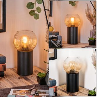 HOFSTEIN Tischleuchte Koyoto, Tischlampe aus Metall/Riffelglas in Schwarz/Bernsteinfarben/Klar, Leuchte im Vintage-Design mit Glasschirm (&Oslash; 15 cm), E27, Wohnzi