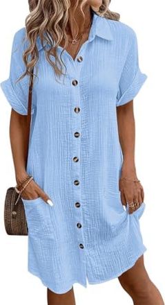 TOMWELL Robe Cotton en Line Ete Grande Taille Robe Rétro Mini Robe Lâche Couleur Unie Manches Courtes Chemise Boutons Lin Robe A Bleu XXL
