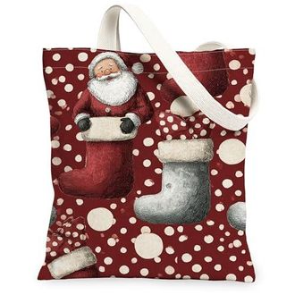 Generic Sacs fourre-tout en toile de Noël, motif Père Noël festif et chaussette de Noël, sacs de courses réutilisables, confortables style dhiver, toile légèr