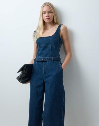 Abercrombie & Fitch Jumpsuit aus Denim mit eckigem Ausschnitt und G&uuml;rtel in Mittelblau