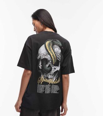AllSaints Etta - T-Shirt in verwaschenem Schwarz mit Schlangen-Totenkopf-Grafik