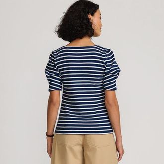 Lands End Gestreiftes Baumwollshirt mit eckigem Ausschnitt und Puff&auml;rmeln, Damen, Gr&ouml;&szlig;e:48-50 regular, Blau, Baumwolle, by Lands End
