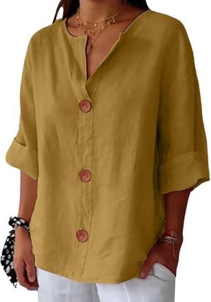 Generic Chemise boutonnée en coton et lin à manches 3/4 pour femme, col en V, uni, coupe ample, tenue dautomne, jaune, 3XL