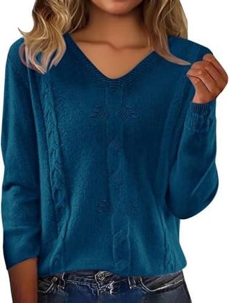 Generic Pull surdimensionn&eacute; &agrave; col en V et &agrave; manches longues pour femme, bleu, XXL