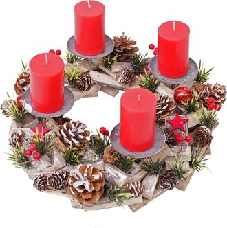 Mendler Adventskranz HWC-H50AM, Weihnachtsdeko Adventsgesteck Weihnachtsgesteck, Holz rund Ø 33cm - inkl. 4X Kerzen rot