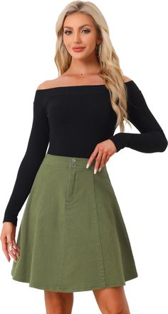 Allegra K Damen Jeansrock mit hoher Taille, A-Linie, ausgestellt, l&auml;ssig, Jeansrock, Gr&uuml;n (Army Green), Mittel
