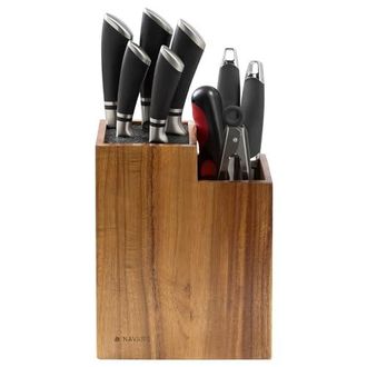 Navaris Porte Couteau Bois dAcacia - Bloc Couteaux et Ustensiles de Cuisine Vide avec Tiges en Plastique Amovibles et Lavables - Range Couteau a Steak Couteau