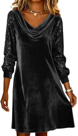 TOMWELL Robe en Velours Femme Moulante &agrave; Manches Longues &Eacute;l&eacute;gante Robe de Cocktail Soir&eacute;e B Noir XL