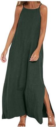 Generic Robe longue ample en coton et lin avec bretelles spaghetti et col carré, sans manches, pour les vacances, les vacances, les vacances, les loisirs, lét