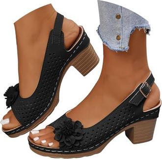 Generic Sandales orthopédiques à gros talons carrés pour femme avec soutien de la voûte plantaire - Sandales à fleurs creuses avec boucle et sangle de chevill