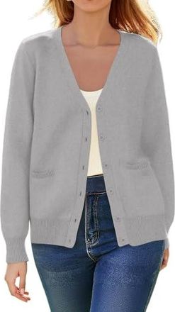 Generico Pull à manches longues confortable pour le bureau et les loisirs Cardigan dautomne léger en tricot pour femme avec col en V et poches, gris, XL