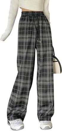 Minetom Femme Pantalon &agrave; Carreaux Taille Haute Elastique Pantalons Jambes Larges Casual Plaid Ample Sport Pants avec Poches B Noir M