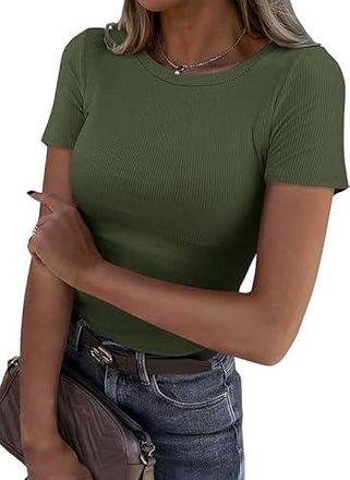Generic Chemises &agrave; manches courtes en tricot c&ocirc;tel&eacute; pour femme, tenues d&eacute;t&eacute; tendance, T-shirts basiques en tricot c&ocirc;tel&eacute; &agrave; encolure d&eacute;gag&eacute;e, vert militaire, X