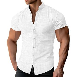 Generic Chemise d&eacute;t&eacute; en coton et lin pour homme - Style d&eacute;contract&eacute; - Couleur unie - Col montant - Manches courtes - Tunique l&eacute;g&egrave;re, blanc, 3XL