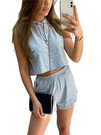 Generic Ensemble de surv&ecirc;tement 2 pi&egrave;ces d&eacute;contract&eacute; pour femme, coupe d&eacute;contract&eacute;e, haut court &agrave; capuche et pantalon court taille haute, bleu, taille M, pour