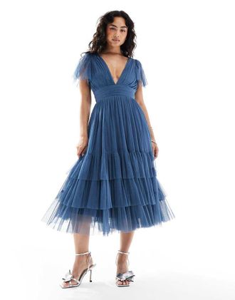 Lace & Beads Robe mi-longue de demoiselle dhonneur - Bleu profond