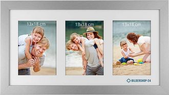 Bildershop-24 Bilderrahmen Collage Monza Alu geschliffen 50x25cm mit DREI Passepartout-Ausschnitten 13x18cm in Reinweiß Fotorahmen, Wechselrahmen, Posterrahmen, Puz