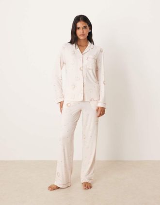 Chelsea Peers Ensemble de pyjama en polyester avec col &agrave; revers et manches longues - Imprim&eacute; toiles ton sur ton-Neutre