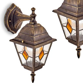 HOFSTEIN Au&szlig;enwandleuchte Antibes, Wandlampe abw&auml;rts in antikem Look, Alugu&szlig; in Braun/Gold m. Klarglas-Scheiben, Wandleuchte m. E27-Fassung, max. 60 Watt, Retr
