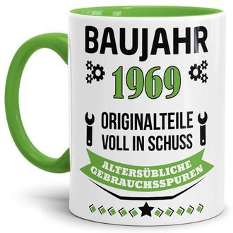 Tassendruck Geburtstags-Tasse Baujahr 1969 Innen & Henkel Hellgr&uuml;n/Kaffee-Tasse/Mug/Cup/Becher/Lustig/Witzig/Fun/Geschenk-Idee/Geburts-Jahr/Scherz-Artikel/Geburts