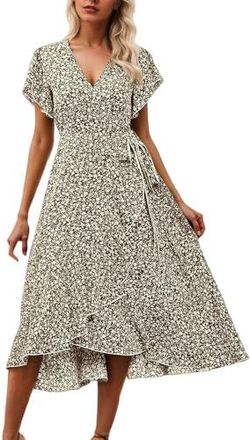 Generic Robe boh&egrave;me 2026 pour femme, robe d&eacute;t&eacute; d&eacute;contract&eacute;e &agrave; motif floral, robe d&eacute;t&eacute; &agrave; col en V fluide, kaki, XXL