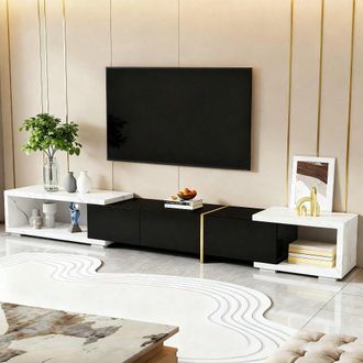 Generic Variabler TV-Schrank (140-260 cm) mit Drehfunktion, in schwarzer Marmoroptik und weißem Hochglanz-Matt-Finish mit Goldakzenten (Black)