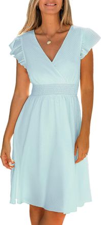 Cupshe Damen Sommerkleid Wickeloptik V-Ausschnitt Flatterärmel Freizeitkleider Gesmokt Sommer Hochzeitskleid A-Linie Mini Dress