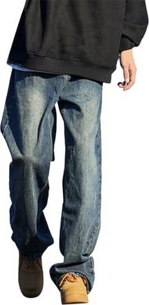 Generic Y2k Jean baggy pour homme - Style hip-hop r&eacute;tro d&eacute;contract&eacute; - Coupe droite - Style ann&eacute;es 2000 - Denim - Avec jambes larges - Style gothique streetwea