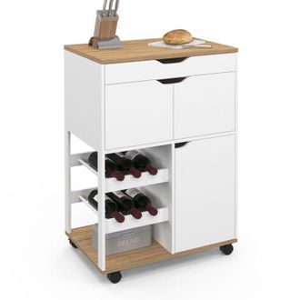 IDMarket Desserte de cuisine cosy avec placards et range bouteilles bois et blanc