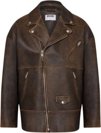 Moschino Homme, Vestes, Brun, Taille: XL Veste de motard en cuir Nappa Smiley