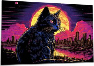 Wallario Herdabdeckplatte/Spritzschutz aus Glas, 2-teilig, 80x52cm, für Ceran- und Induktionsherde, Katze unter Vollmond