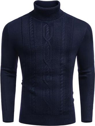 Coofandy Pull à col roulé pour homme - Manches longues - Coupe ajustée - Pull basique en tricot torsadé, Bleu marine, XL
