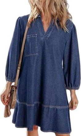 Generic Robe en jean à manches bouffantes et col en V pour femme, robe en jean à manches 3/4 à volants, robe en jean fluide décontractée avec poche, noir fonc
