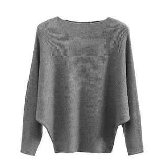 Generic Pull en tricot &agrave; manches chauve-souris et col bateau pour femme - Automne et hiver - Long pull chaud en tricot c&ocirc;tel&eacute;, gris, Taille unique