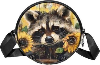 Generic Sac &agrave; bandouli&egrave;re rond pour femme, motif tournesol raton laveur, petit sac &agrave; bandouli&egrave;re avec fermeture &eacute;clair, bretelles r&eacute;glables, sac &agrave; main rond d