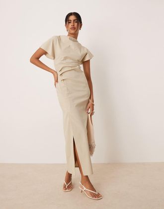 Asos Midikleid aus Bengaline in Sandbeige mit geraffter Taille-Neutral